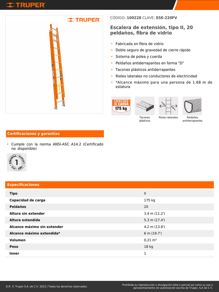 Escalera de Extensión Fibra de Vidrio 20 Peldaños | PDF | Bienes ...