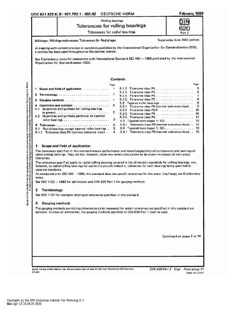 DIN 620-2 - Rolling Bearings - Tolerances For Radial Bearings (FEB 1988 ...