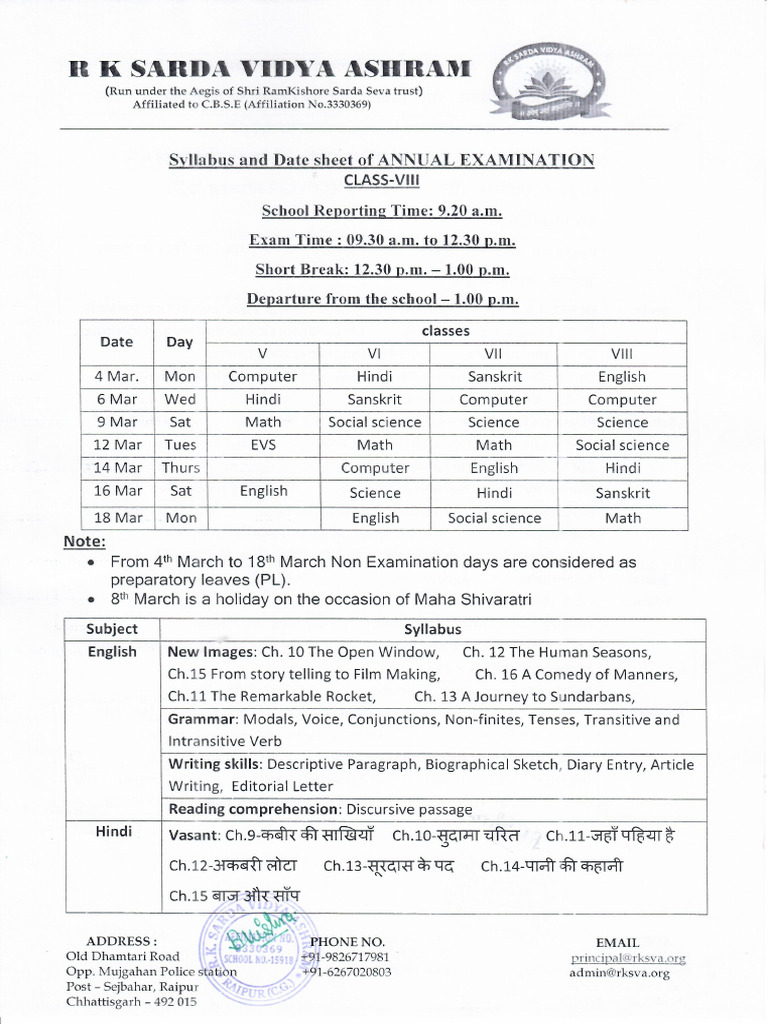 Syllabus and Date Sheet of ANNUAL EXAMINATION Class - 8 | PDF