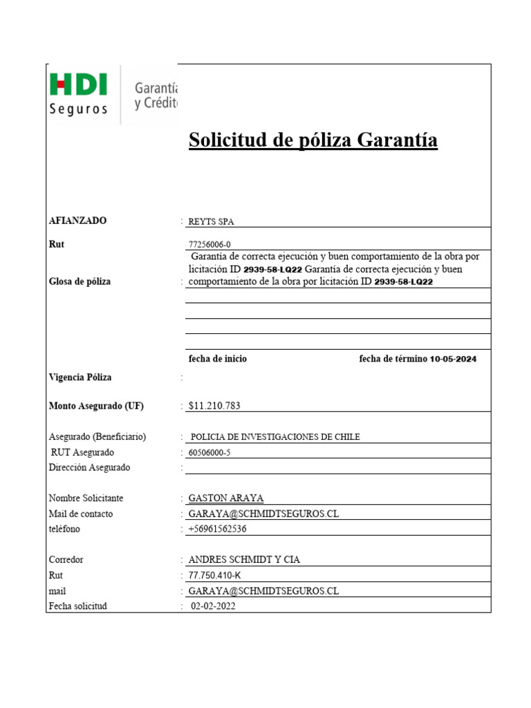 Solicitud Seguro de Garantia Hdi | PDF