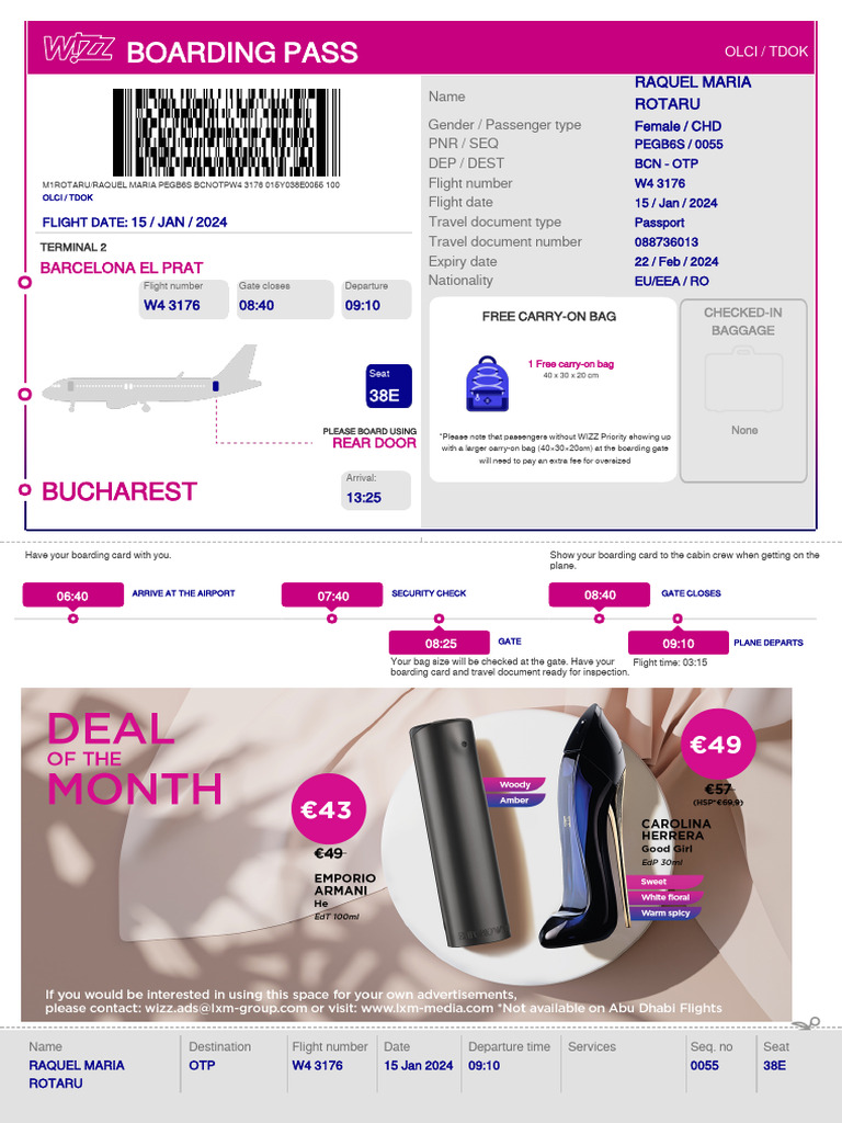 BoardingCard 343545695 BCN OTP | PDF | Aviation | Transport