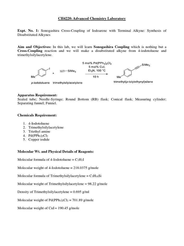 Experimental Procedure - Sonogashira Coupling | PDF | Chemistry | Chemical Substances