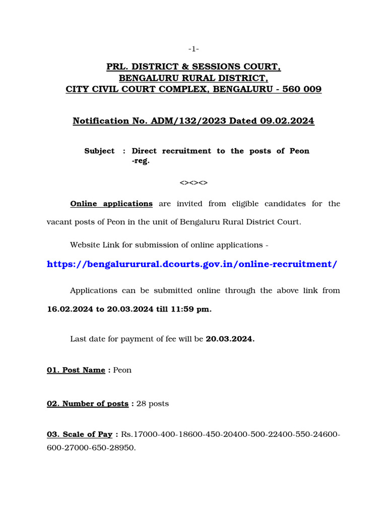 28 Peon Posts Advt Details Bengaluru Rural District Court | PDF ...