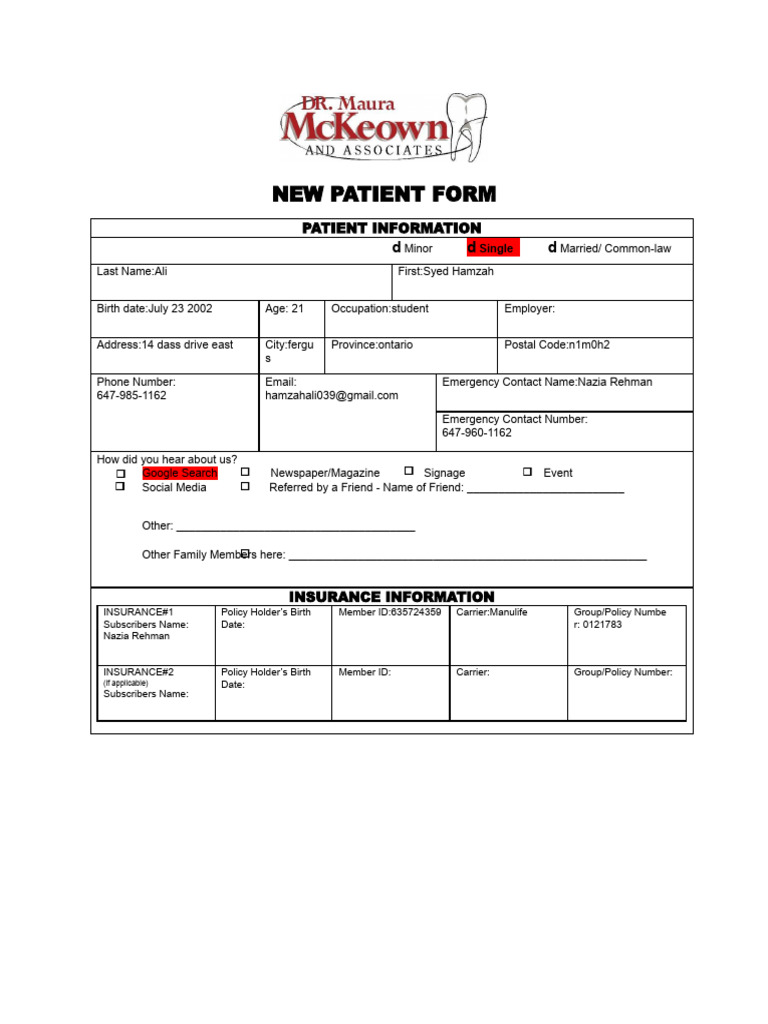 New Patient Form | PDF | Dentistry | Medicine