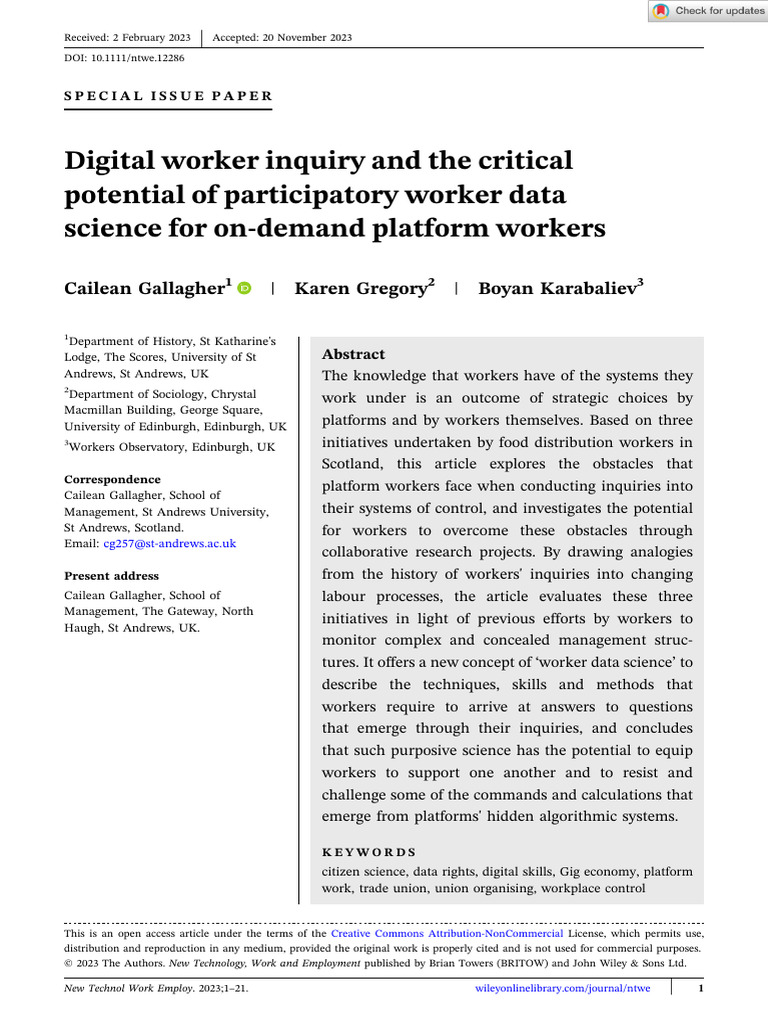 New Technol Work Employ - 2023 - Gallagher - Digital Worker Inquiry and The Critical Potential ...
