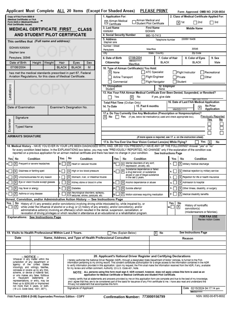 Faa Application Medical Class 1 Test | PDF