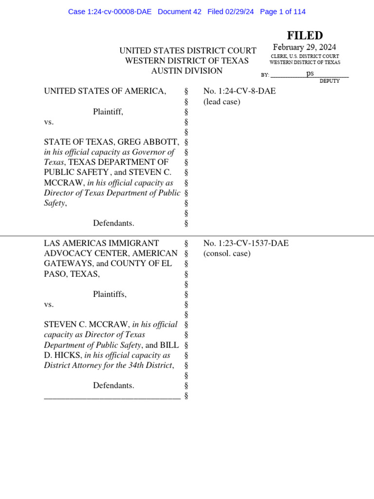 Filed: in His Official Capacity As Governor of Texas, Texas Department ...