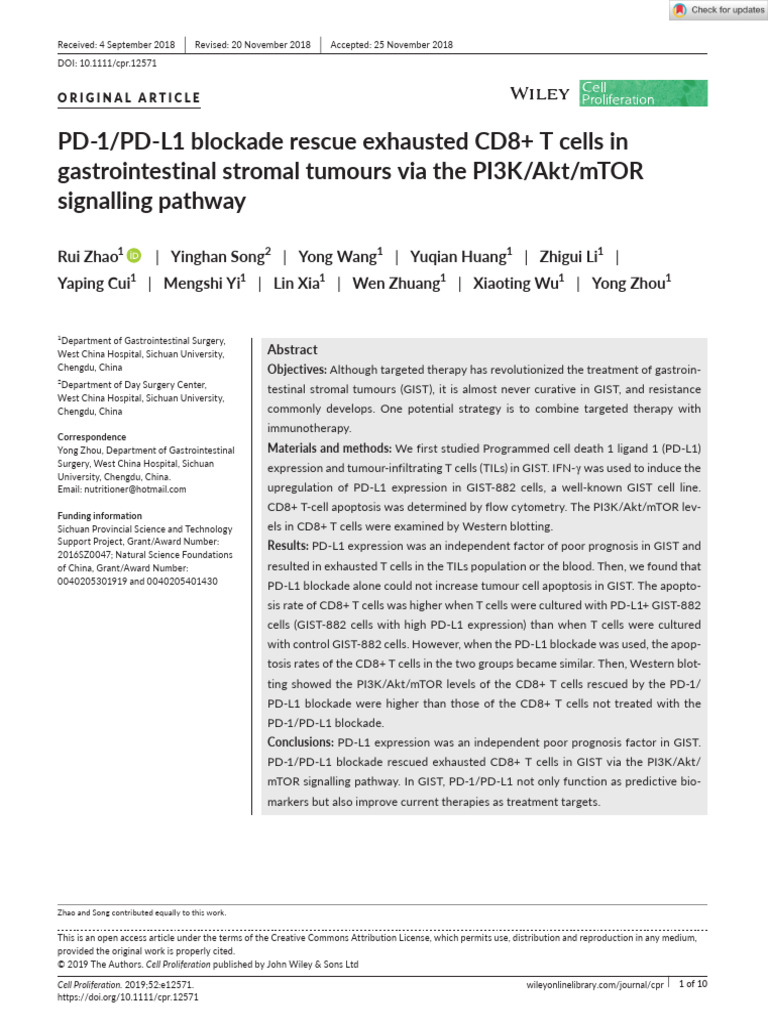 Cell Proliferation - 2019 - Zhao - PD 1 PD L1 Blockade Rescue Exhausted ...