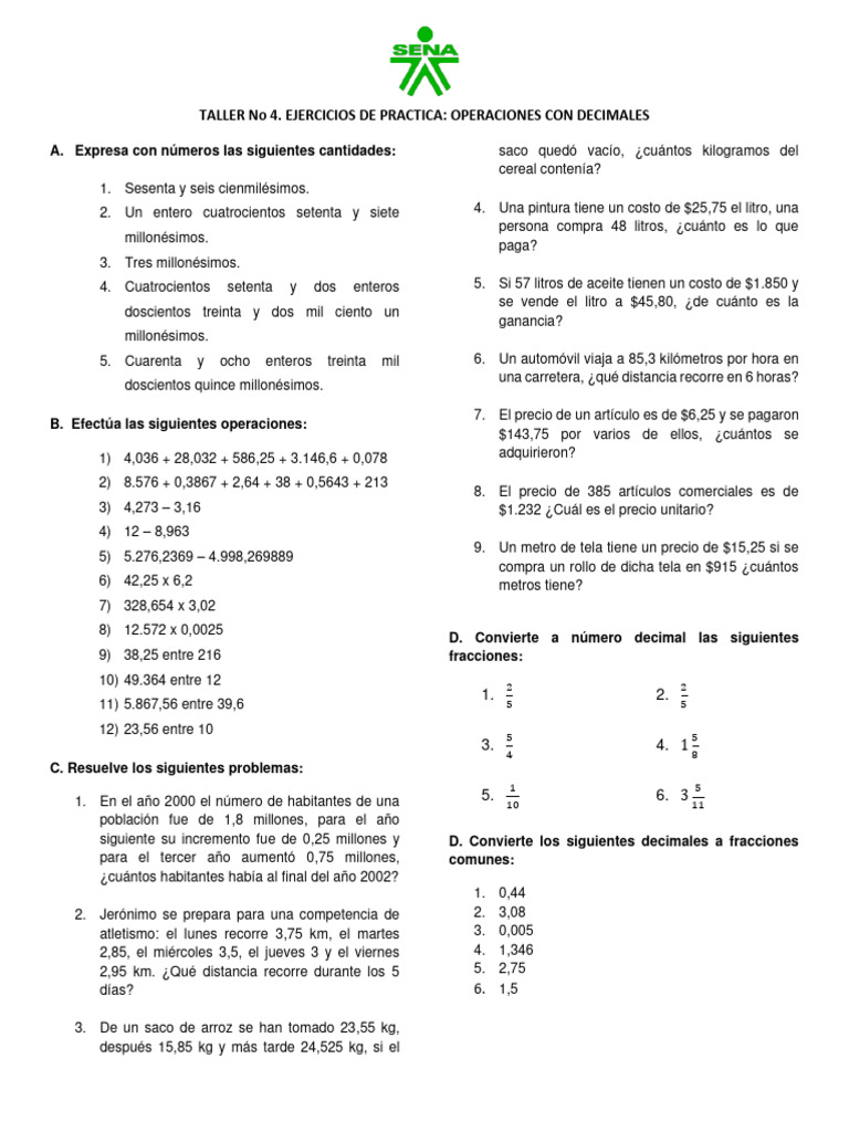 Anexo 4. Operaciones - Práctica - Con - Decimales | PDF