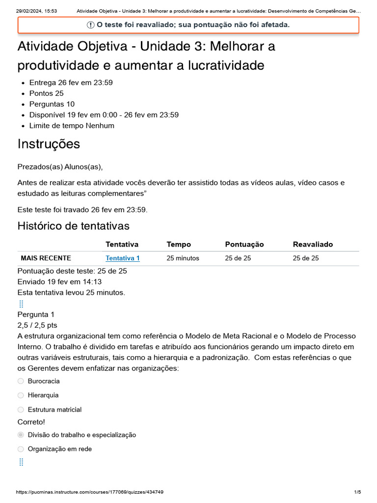 Atividade Objetiva - Unidade 3 - Melhorar A Produtividade e Aumentar A Lucratividade ...