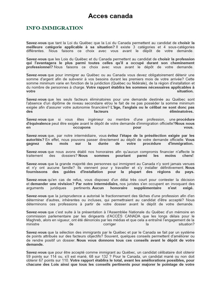 Guide Immigration Québec-Canada : Catégories et Critères | PDF | Visa ...