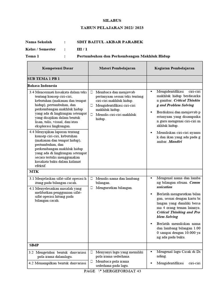 Silabus Kelas 3 SEMESTER 1 | PDF