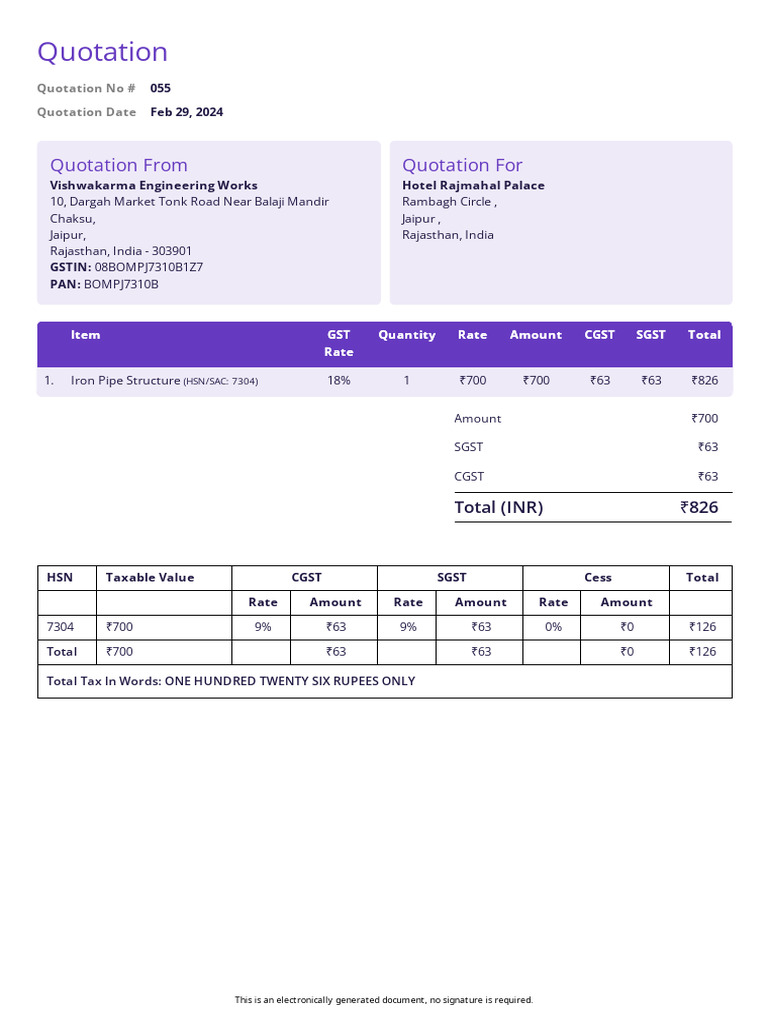 Quotation for Hotel Rajmahal Palace | PDF