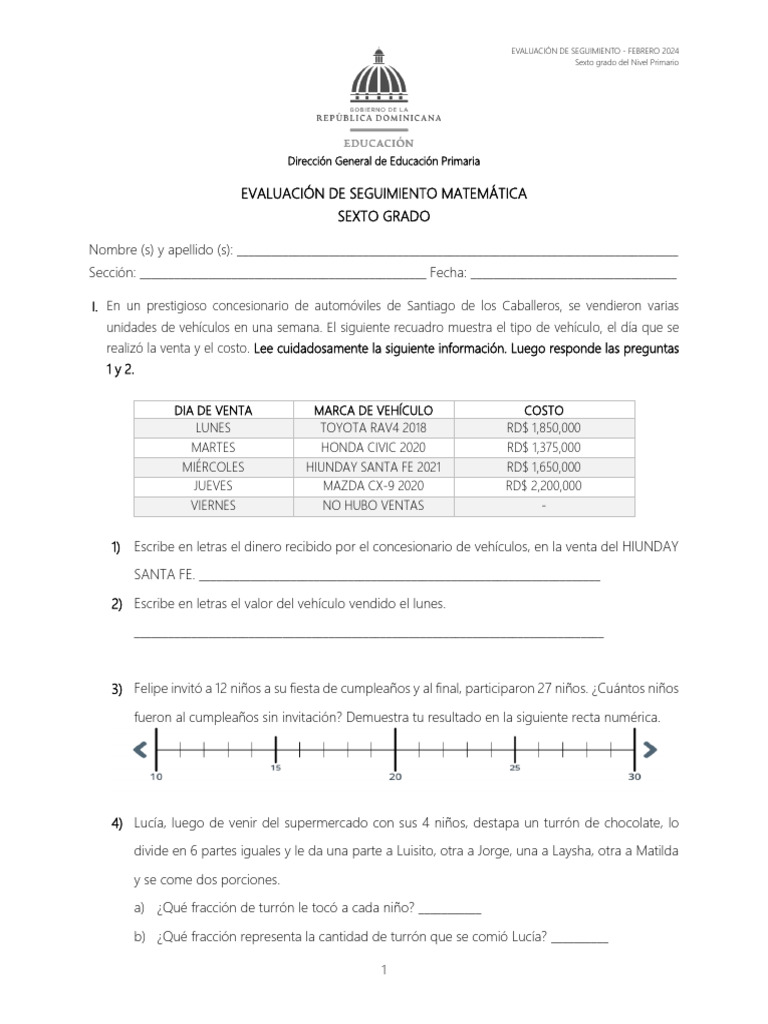 6to Mat - Eval Seg Primaria | PDF | Matemáticas | Estadísticas