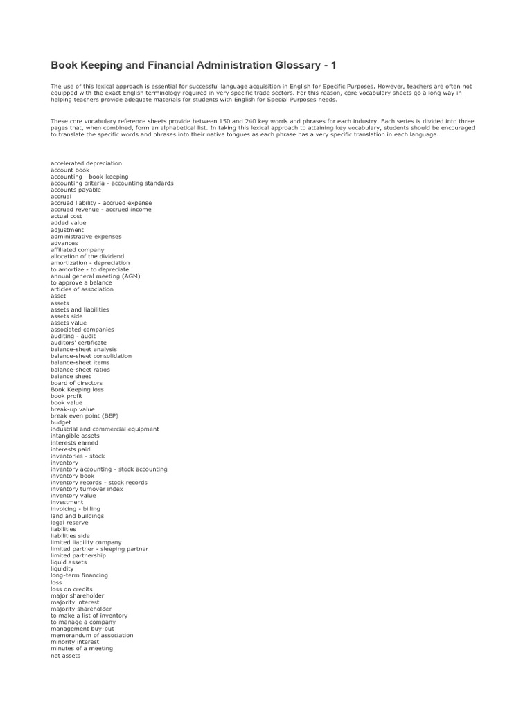 Book Keeping and Financial Administration Glossary | PDF | Debits And ...