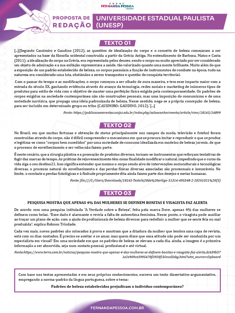 Proposta de Redação - Padrões de Beleza Estabelecidos Prejudicam o ... Proposta de Redação - Padrões de Beleza Estabelecidos Prejudicam o ...