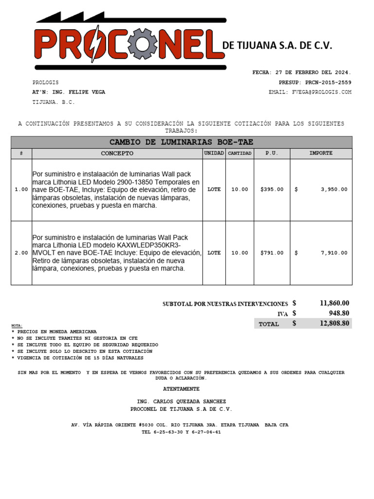Cotización Cambio de Luminarias Boe-Tae | PDF