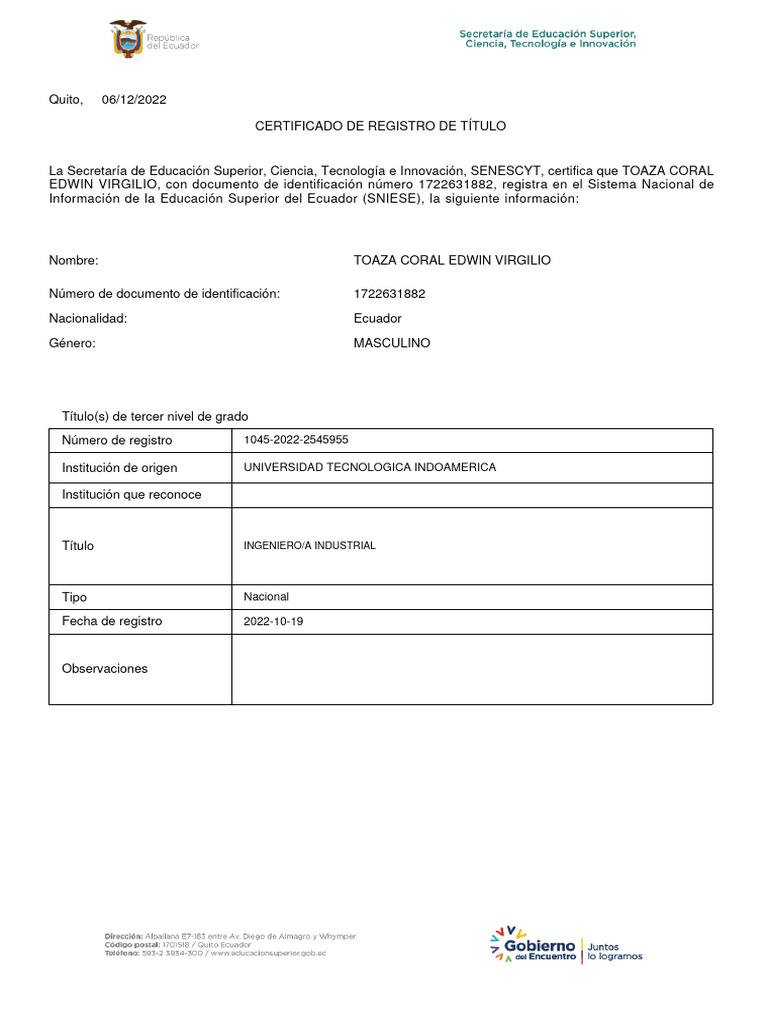 Titulo Ingeniero Industrial Pdf Educación Más Alta Ecuador