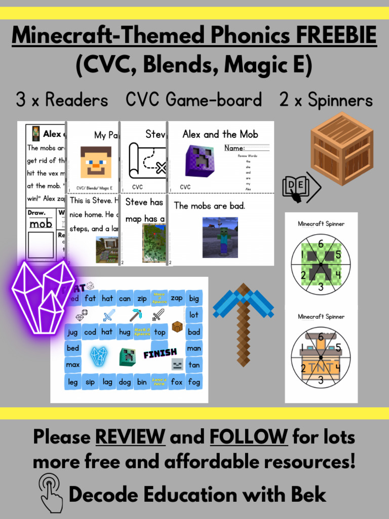 3 X Readers CVC Game-Board 2 X Spinners: Minecraft-Themed Phonics ...