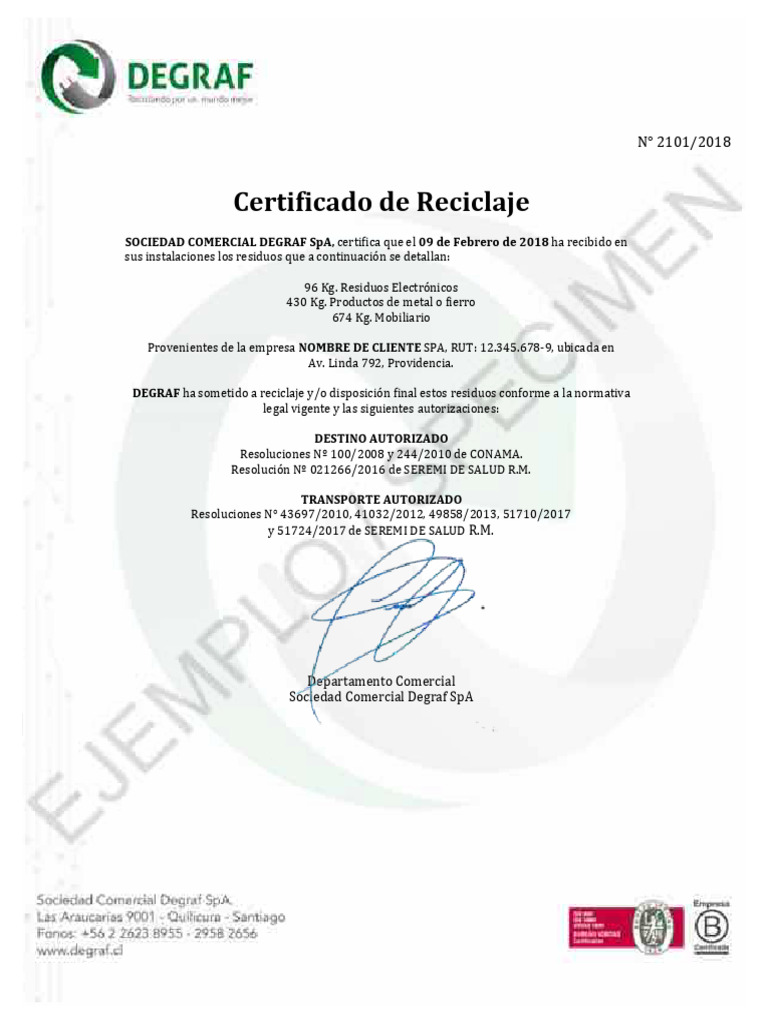 Certificado Reciclaje | PDF