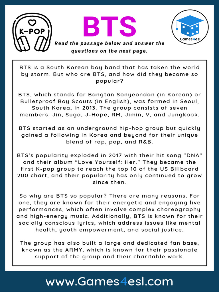 Reading Comprehension Worksheet BTS | PDF