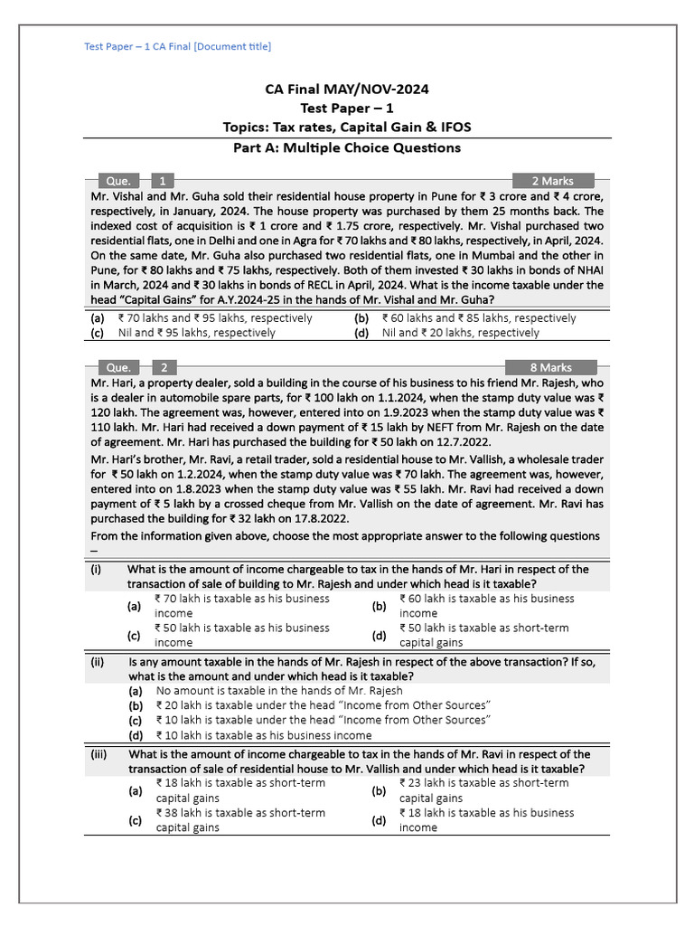 CA Final Test Paper-1 | PDF | Capital Gains Tax | Capital Gain