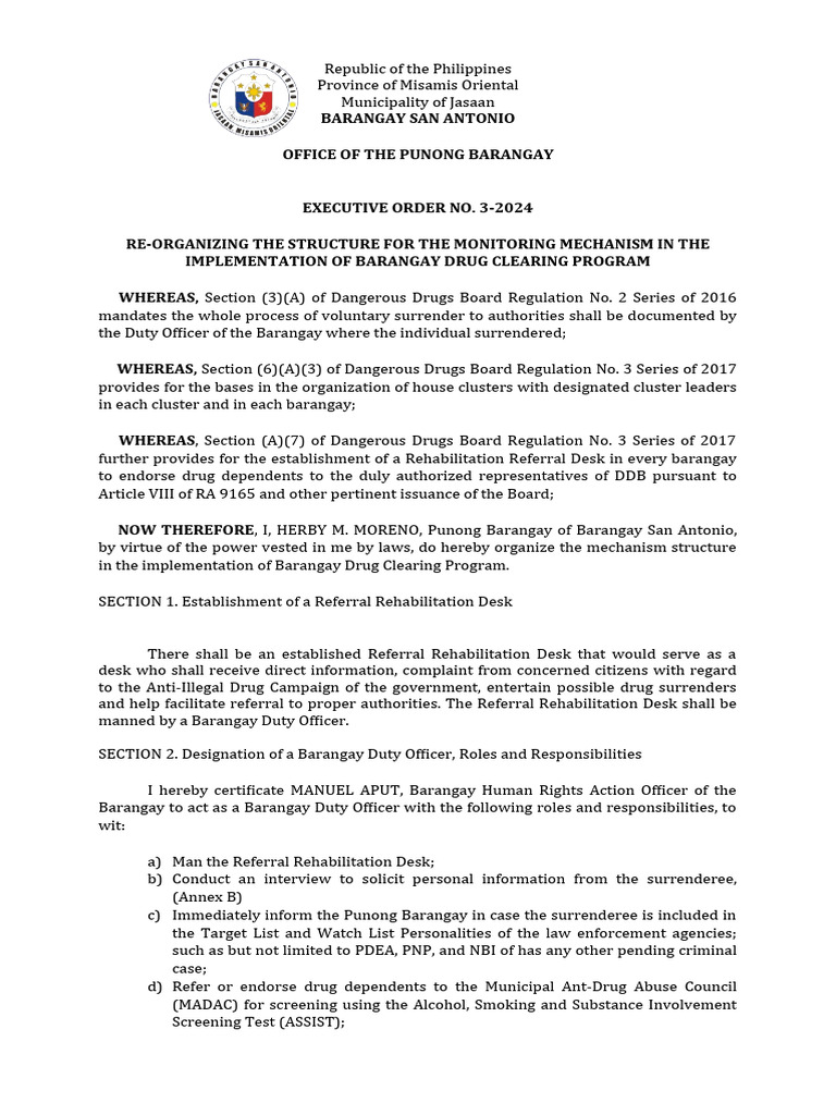 Barangay San Antonio - Eo 3 - 2024 - Organization of The Structure For ...