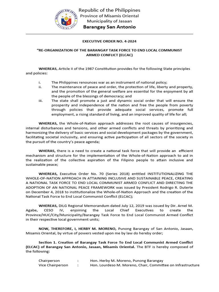 Barangay San Antonio - Eo 4 - 2024 - Creation of The Barangay Task ...
