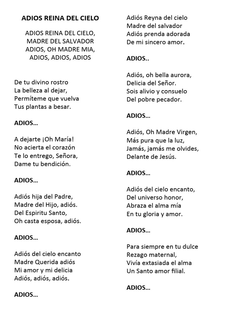 Canciones A La Virgen Adios Reina Del Cielo | PDF | María, madre de Jesús | Oración
