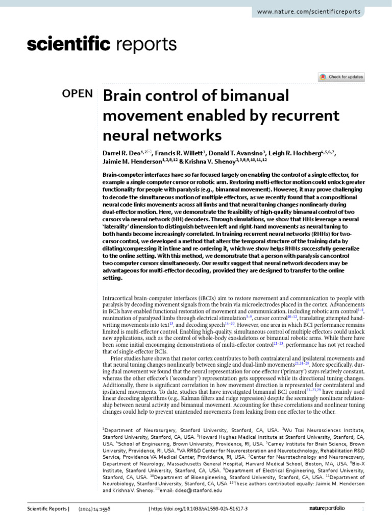 Brain Control of Bimanual Movement Enabled by Recurrent Neural Networks ...