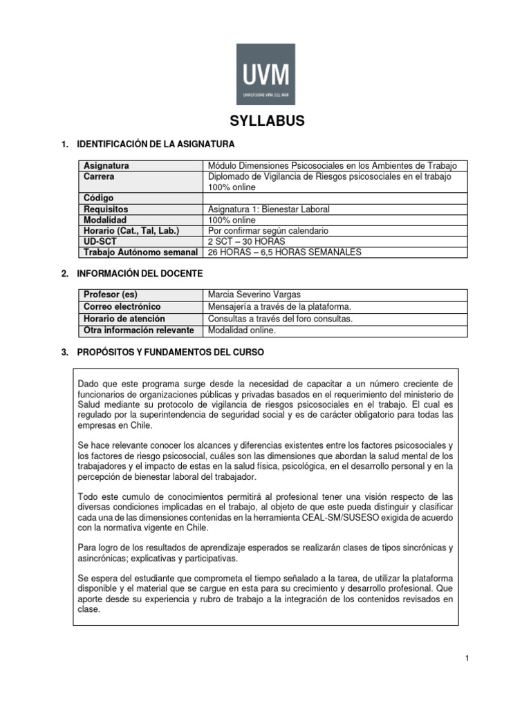 SYLLABUS Mod. 2 Diplomado Vigilancia Riesgos Psicosociaes Mod - Dimensiones Psicosociales | PDF ...