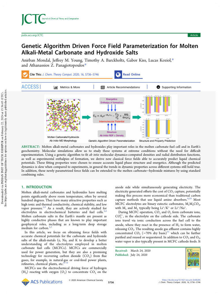 Mondal Et Al 2020 Genetic Algorithm Driven Force Field Parameterization For Molten Alkali Metal