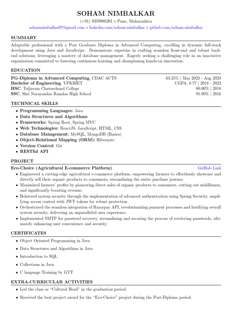 Soham Nimbalkar Resume | PDF | Spring Framework | Information Technology Soham Nimbalkar Resume | PDF | Spring Framework | Information Technology