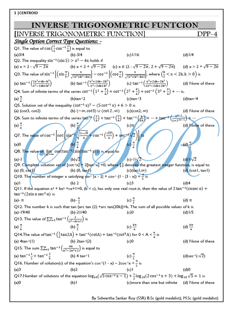 Inverse Trigonometric Funtcion DPP - 4-1 | PDF | Trigonometric Functions | Special Functions