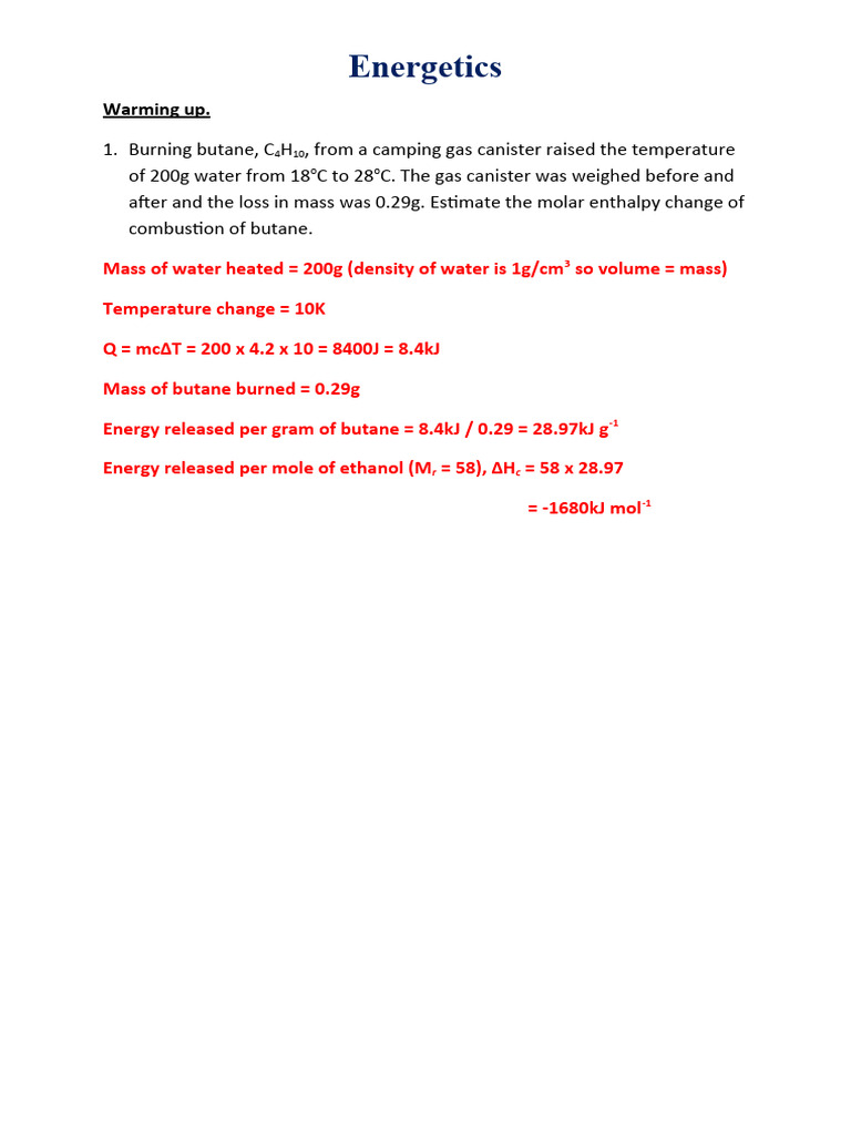Energetics Worksheet 3 Answers | PDF | Enthalpy | Water