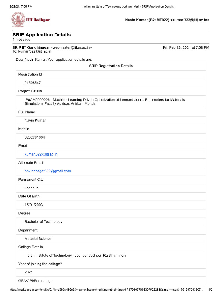 Indian Institute of Technology Jodhpur Mail - SRIP Application Details | PDF | Machine Learning ...