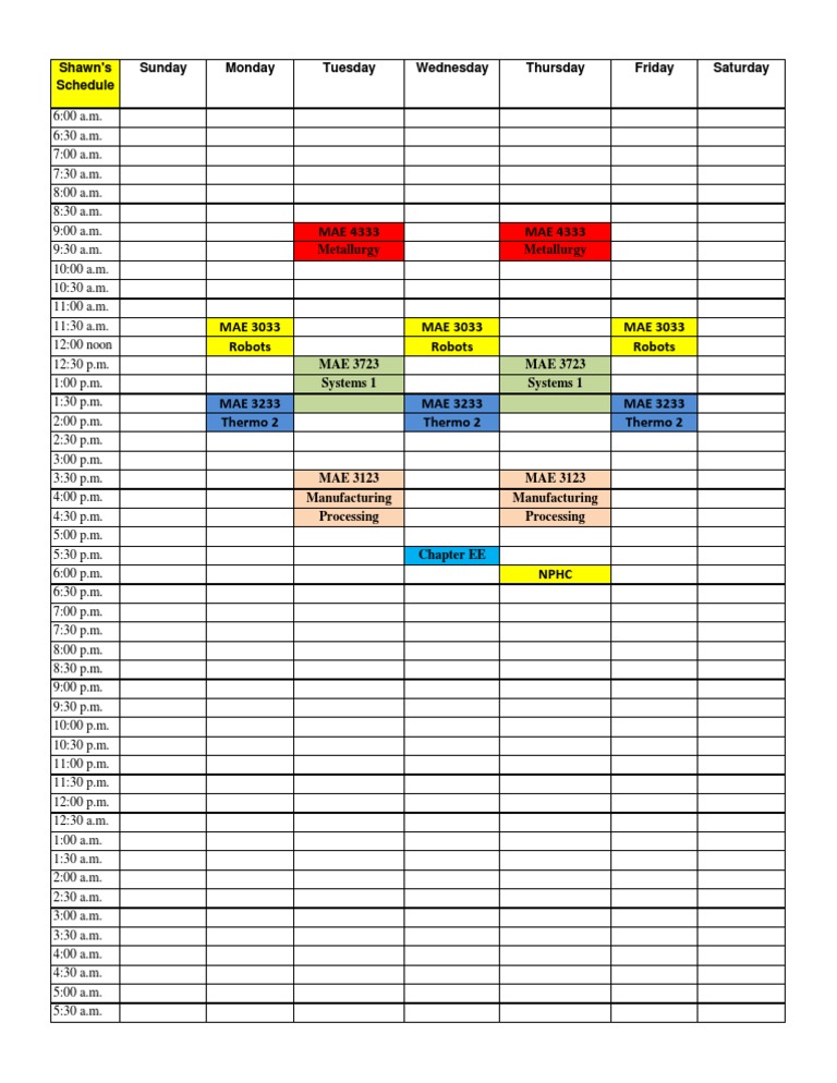 Shawn's Weekly Class Schedule | PDF | Cooking, Food & Wine