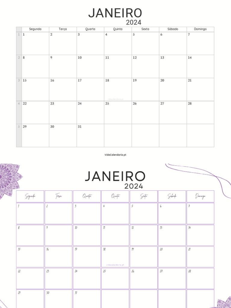 Calendário Janeiro 2024 Imprimir (Portugal) - VidaCalendaria - PT | PDF