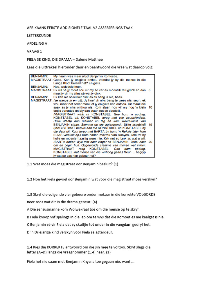 AFRIKAANS EERSTE ADDISIONELE TAAL V2 ASSESSERINGS TAAK Letterkunde | PDF