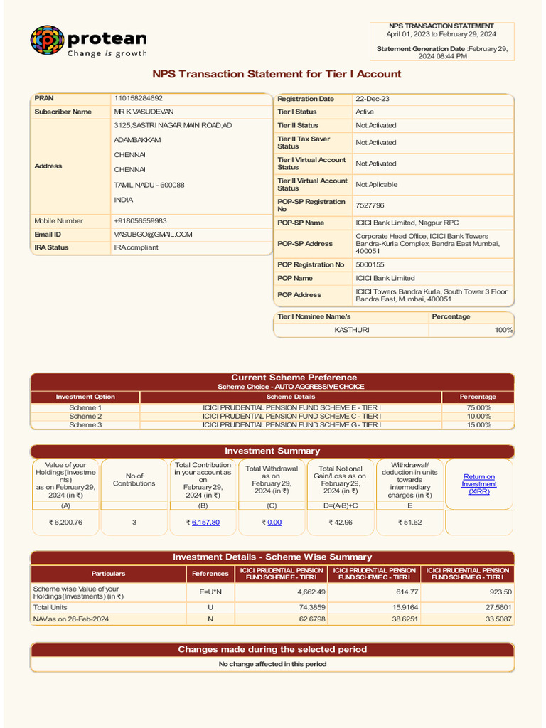 NPS Transaction Statement For Tier I Account: Current Scheme Preference ...