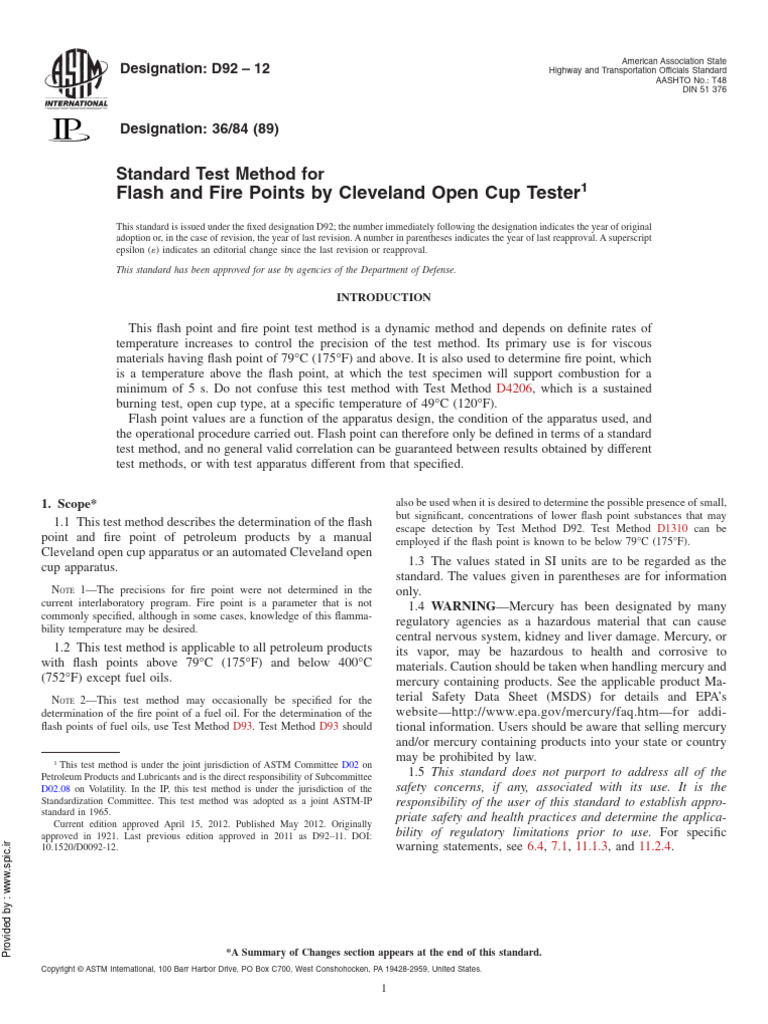 Astm D92 2012 | PDF | Chemistry | Physical Sciences