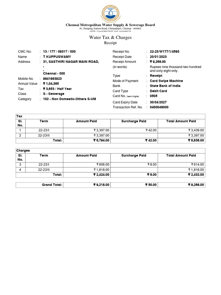 Water Tax & Charges: Chennai Metropolitan Water Supply & Sewerage Board ...