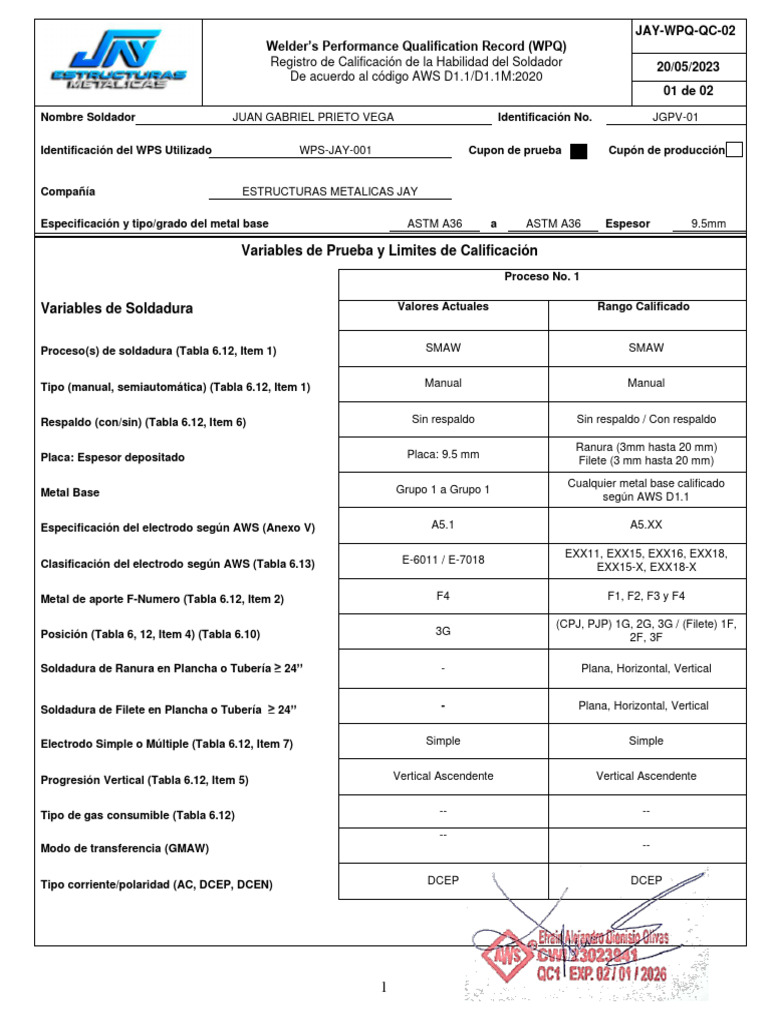 Welder Performance Qualification Record | PDF