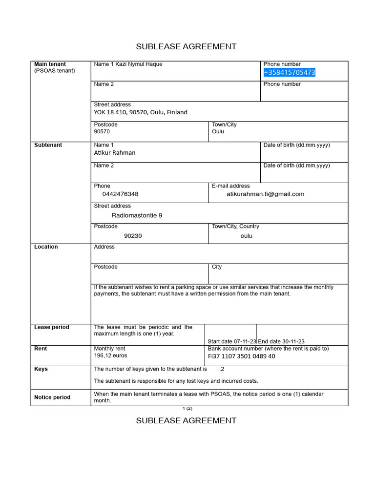 Valivuokrasopimuspohja Eng Uusi 1 1 - Sublease | PDF | Lease | Leasehold Estate
