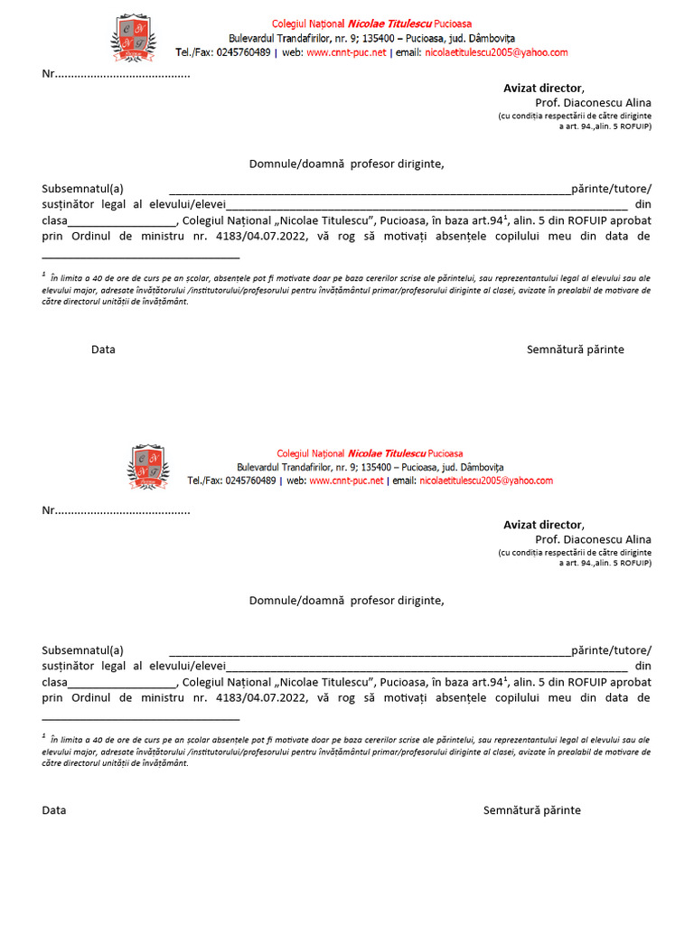 Cerere Motivare Absente Elev | PDF