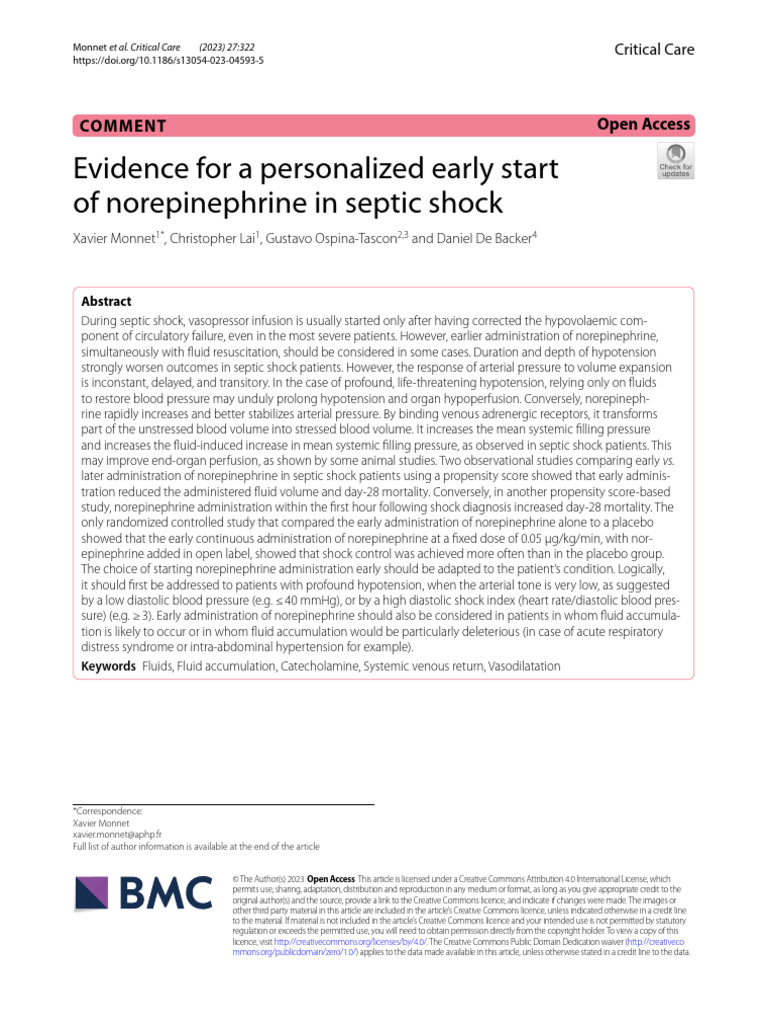 Evidence For A Personalized Early Start of Norepinephrine in Septic ...