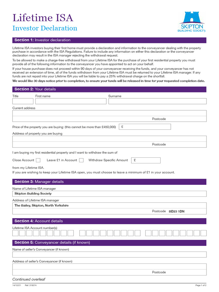Lifetime ISA Investor Declaration Form | PDF | Conveyancing | Mortgage Loan