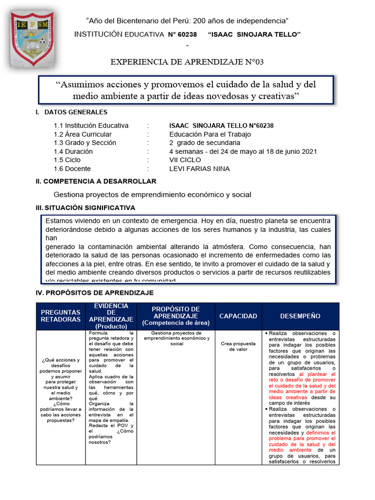 EXPERIENCIA DE APRENDIZAJE III - EPT 1 y 2 Grado | PDF