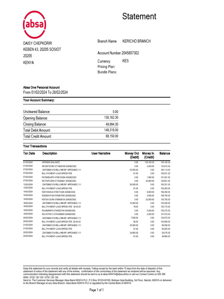 Absa - Statement Bwina | PDF | Credit Card | Debits And Credits