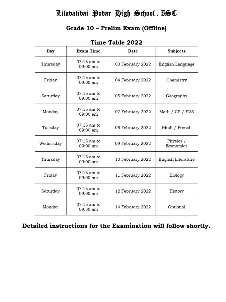 Lilavatibai Podar High School - ISC: Grade 10 - Prelim Exam (Offline) Time-Table 2022 | PDF